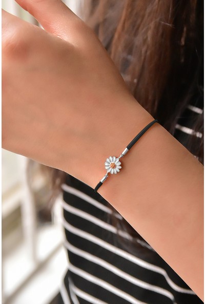 Papatya Silver 925 Ayar Gümüş Rodyum Kaplama Siyah İpli Asansörlü Papatya Bileklik