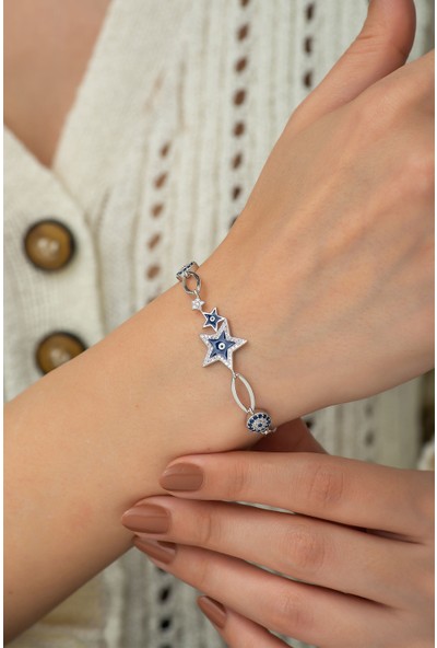 Papatya Silver 925 Ayar Nazar Boncuklu Yıldız Kadın Bileklik