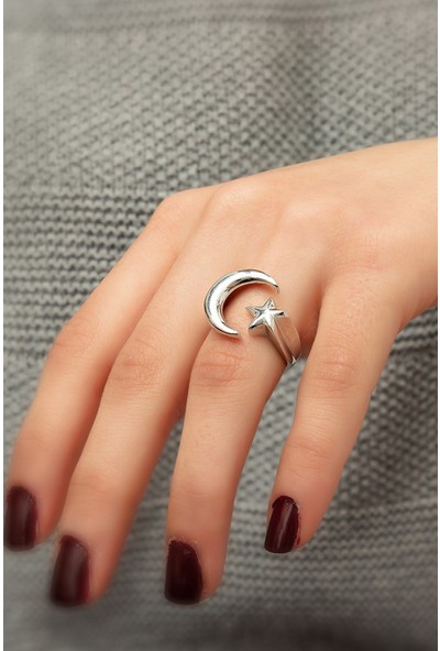 Papatya Silver 925 Ayar Ay Yıldız Gümüş Kadın Yüzük
