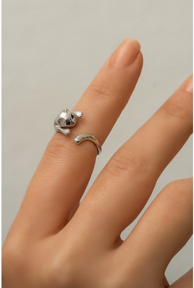 Papatya Silver 925 Ayar Rodyum Kaplama Gümüş Kedi Yüzük