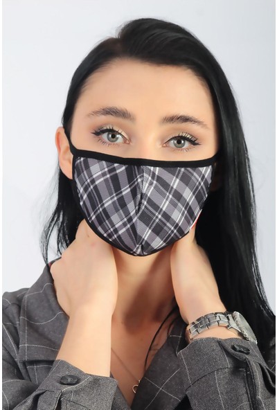 Whopro Yıkanabilir ve Ayarlanabilir Desenli Maske - Siyah Ekose