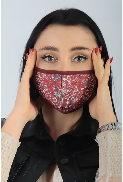 Whopro Yıkanabilir ve Ayarlanabilir Desenli Maske - Bordo Etnik
