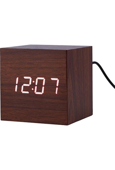 Nettenevime Dijital Koyu Kahve Ahşap LED Işıklı Ses Kontrollü Küp Çalar Saat Masa Saati