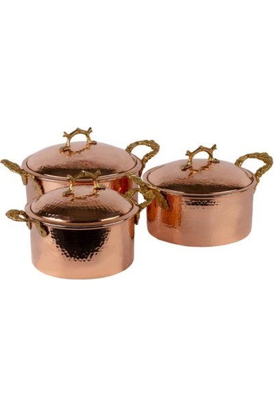 Bakır Sanatı 3'lü Kulplu Bakır Dik Ocak Tencere Seti