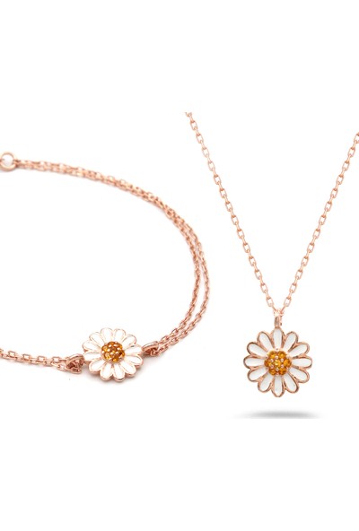 Else Silver 925 Ayar Gümüş Mineli Papatya Kolye Bileklik Kombin
