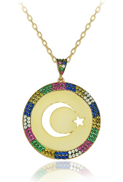 Takı Boom Renkli Taşlı Plaka Ay Yıldız Gümüş Kolye
