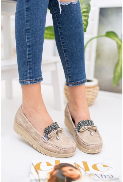 Epaavm Dili Taşlı Yüksek Taban Pedli Vizon Ayakkabı