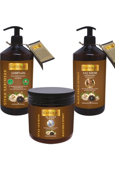 Naturix Saç Dökülmesine Karşı Etkili Organik Siyah Sarımsak Özlü Şampuan + Saç Kremi + Saç Maskesi 3'lü Set