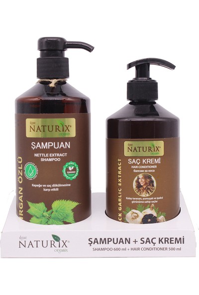 Naturix Tuzsuz Şampuan Kepeğe Karşı Etkili 2'li Doğal Isırgan Isırgan Otu Şampuanı 600 ml Saç Bakım Şampuanı + 500 ml Siyah Sarımsak Saç Kremi