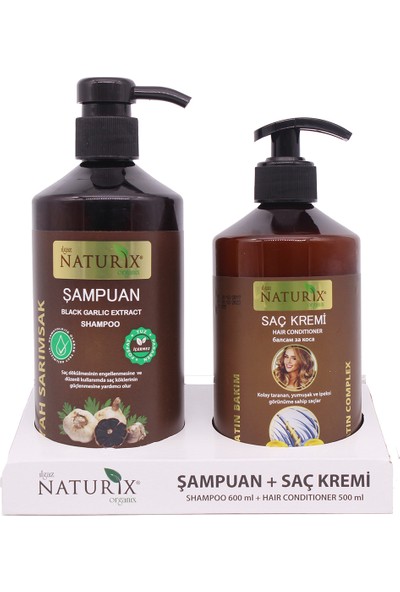 Naturix Tuzsuz Şampuan 2'li Siyah Sarımsak Özlü Şampuan 600 ml Natural Şampuan + 500 ml Doğal Keratin Bakım Saç Kremi Naturix Tuzsuz Şampuan 2'li Siyah Sarımsak Özlü Şampuan 600 ml Natural Şampuan + 500 ml Doğal Keratin Bakım Saç Kremi