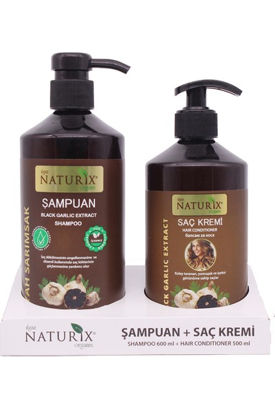 Naturix Tuzsuz Şampuan 2'li Natural 600 ml Siyah Sarımsak Özlü Şampuan + 500 ml Siyah Sarımsak Özlü Saç Kremi