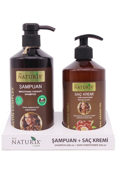 Naturix Tuzsuz Şampuan 2'li 600 ml Doğal Keratin Bakım Şampuan + Naturix 500 ml Argan Yağlı Saç Kremi Naturix Tuzsuz Şampuan 2'li 600 ml Doğal Keratin Bakım Şampuan + Naturix 500 ml Argan Yağlı Saç Kremi