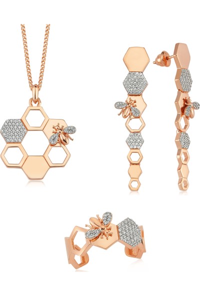 Valori Jewels Arı Petek, Swarovski Zirkon Beyaz Taşlı, Rose Gümüş Set
