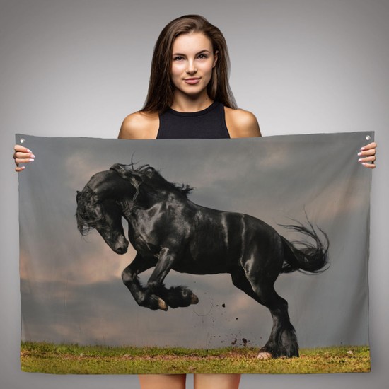 Şaha Kalkmış Siyah At Duvar ÖRTÜSÜ-HALISI-6620 Fiyatı