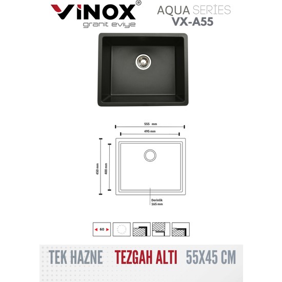 Vinox I I Granit Eviye Antrasit Tek Göz Tezgah Altı Mutfak Fiyatı