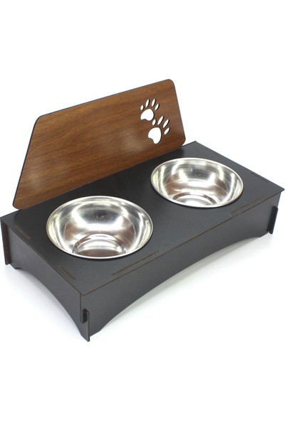 Acar Grafik Çelik Kaseli Ahşap Mama ve Su Kabı