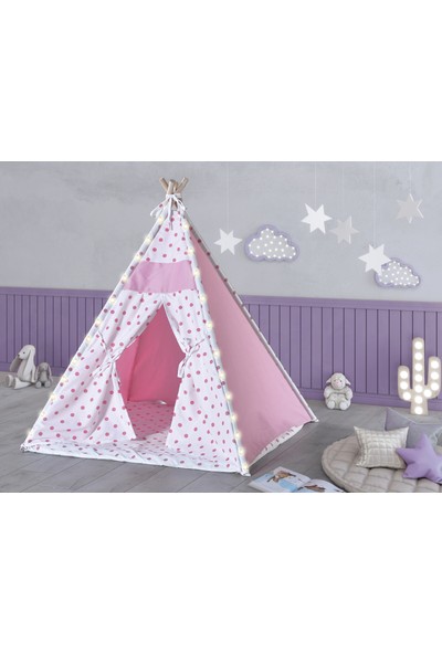 Webburada Pembe Renk Işıklı Kızılderili Oyun Çadırı Ahşap Aktivite Oyun Alanı Kalın Minderli Oyun Evi
