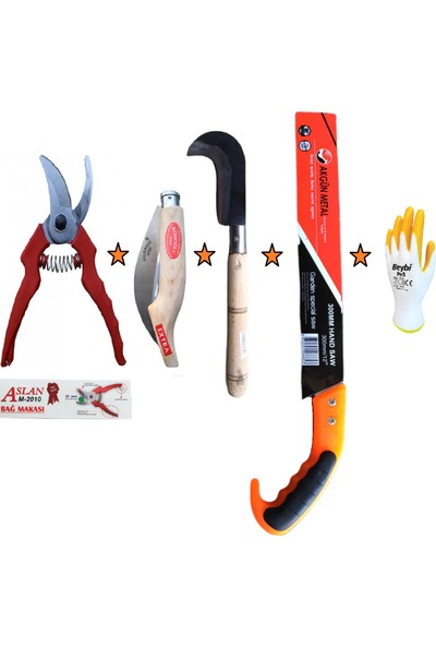 Aslan Bahçe El Aletleri 5 Parça Set Budama Testere Bağ Makası Eldiven Orak Bağ Bıçkısı Çalışma Eldiven