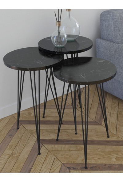 COSART Mermer Desenli Demir Siyah Ayak 3lü Zigon Sehpa Yan Sehpa