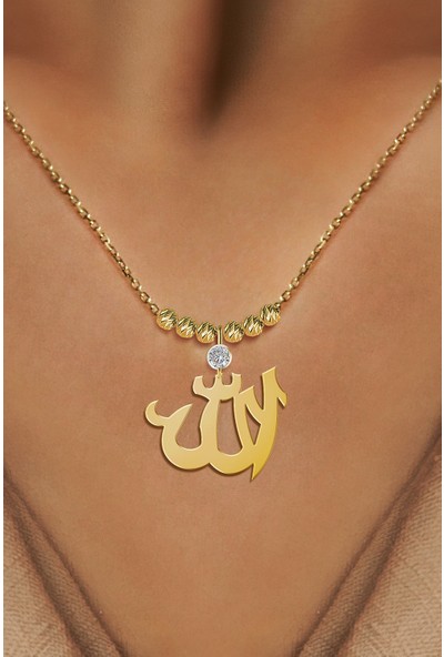 Demasgold Pırlantalı 14 Ayar Altın Dorika Allah Yazılı Kolye