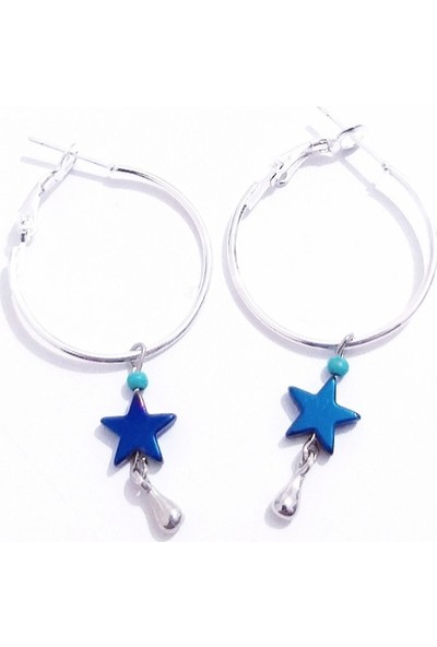 Funny Takı Iki Farklı Şekilde Kullanılabilen Lacivert Hematit Yıldızlı Gümüş Halka Küpe