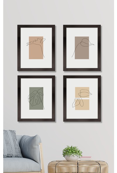 Lumiyard 4'lü 20X30CM, Çerçeveli Camlı Tablo, Çizgi Yaprak Desen