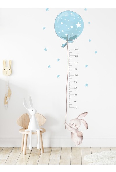 Kt Decoration Mavi Balonlu Tavşan Boy Ölçer Duvar Sticker Seti
