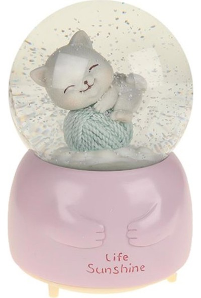 Hediyesahibi Yumak Üzerinde Yatan Kedi Orta Boy Işıklı Müzikli Kar Küre
