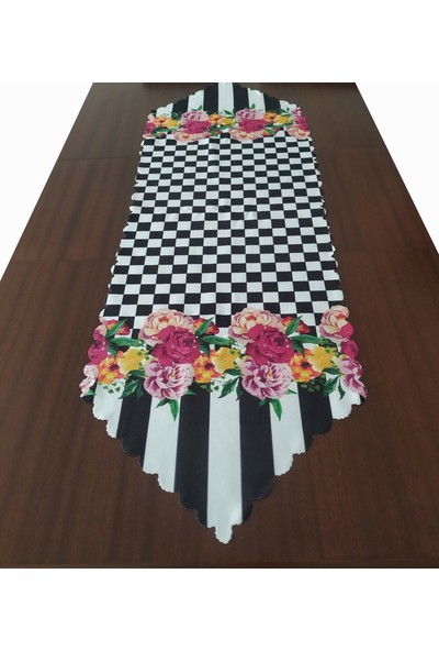 Kırlentdünyası Kırlent Dünyası Çizgili Gül Desenli Dekoratif Runner