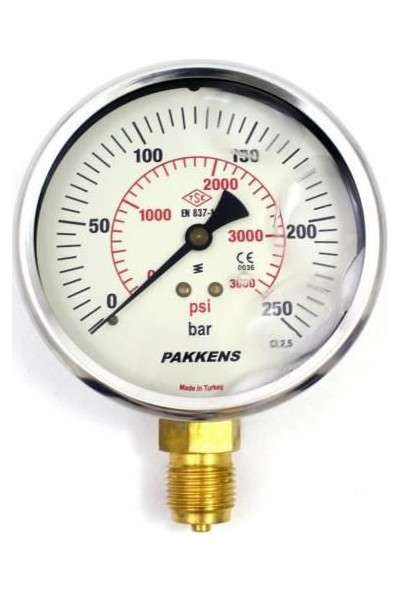 Pakkens 0-250 Bar 100 mm Alttan Bağlantılı Gliserinli Manometre G 1/2 Inç Pakkens 0-250 Bar 100 mm Alttan Bağlantılı Gliserinli Manometre G 1/2 Inç