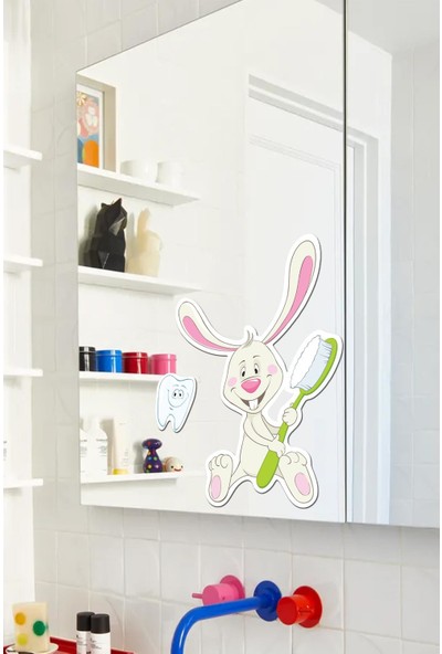 Msticker Dişlerini Fırçalayan Tavşan Cam,ayna,duvar Sticker