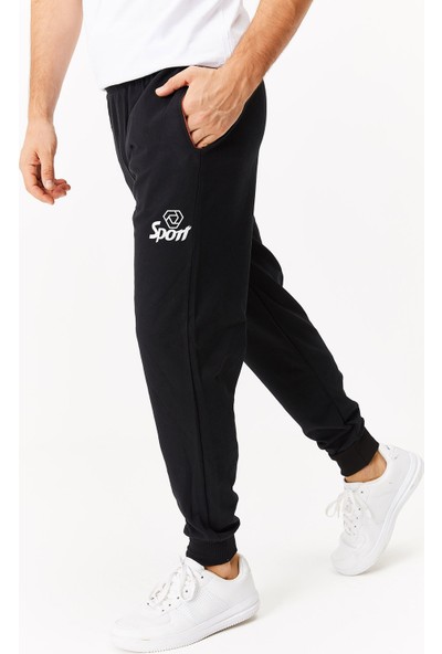 Depovip Erkek Siyah Sport Baskılı Eşofman Altı