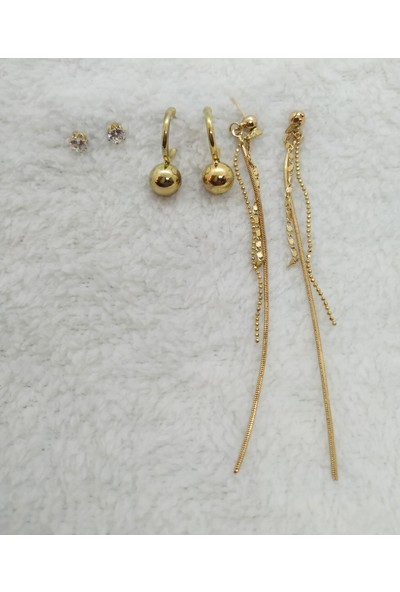 Fashion Jewelry Farklı Boy Zincirli Top Detaylı Gold Rengi Dangle 6'lı Küpe Seti