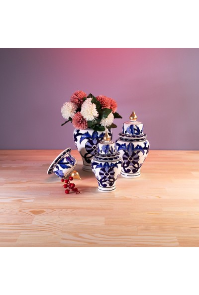 Decorandmore Şah Küp Çiçekli Bleu Blanc Mavi