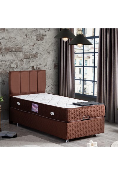 Setay Tetra Tek Kişilik Baza Başlık Delüx Yaylı Yatak, Koyu Kahve