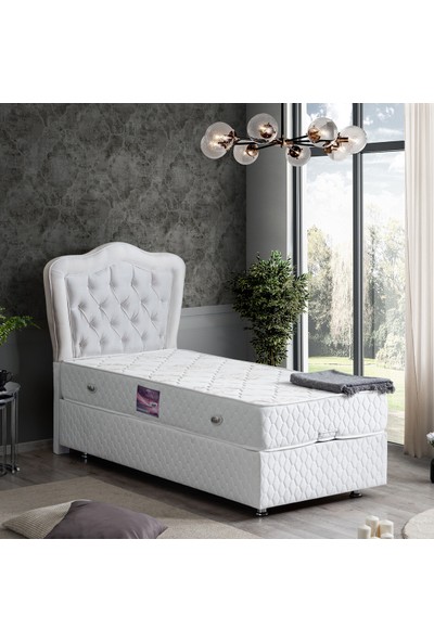 Setay Camelli Tek Kişilik Baza Başlık Delüx Yaylı Yatak, Beyaz