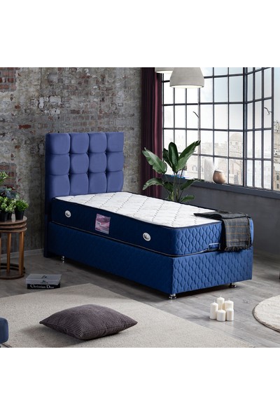 Setay Duke Tek Kişilik Baza Başlık Delüx Yaylı Yatak, Lacivert