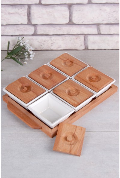 Queen's Kitchen Ahşap Tepsili Porselen 6'lı Lüx Kahvaltılık