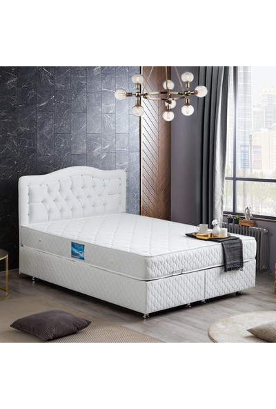 Setay Şah Çift Kişilik Baza Başlık Delüx Yaylı Yatak, Beyaz