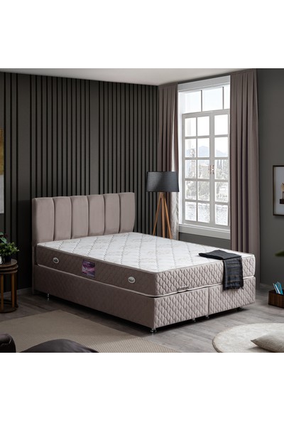 Setay Tetra Çift Kişilik Baza Başlık Delüx Yaylı Yatak, Açık Kahve