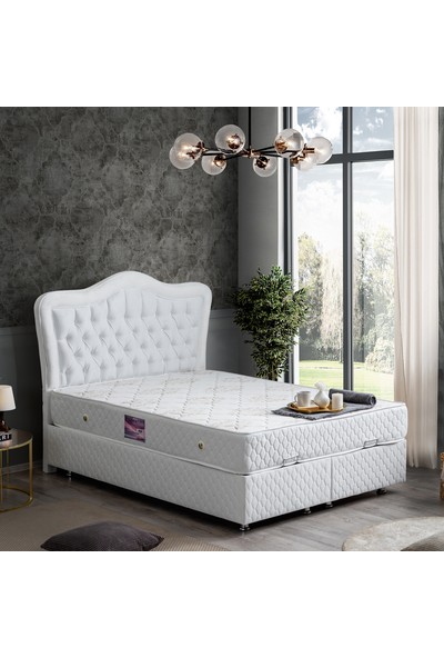 Setay Camelli Çift Kişilik Baza Başlık Delüx Yaylı Yatak, Beyaz