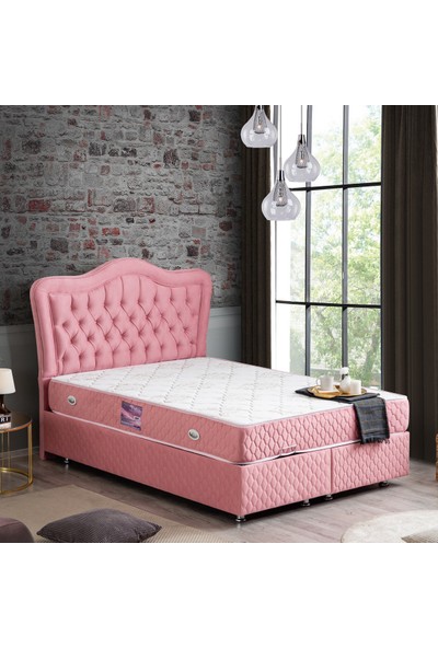 Setay Camelli Çift Kişilik Baza Başlık Delüx Yaylı Yatak, Pembe