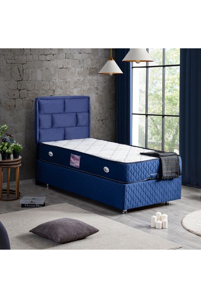 Setay Diego Tek Kişilik Baza Başlık Delüx Yaylı Yatak, Lacivert