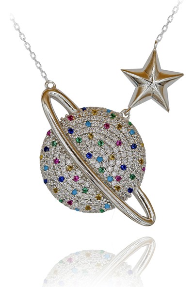 Takı Boom Renkli Taşlı Gezegen Satürn Gümüş Kolye Takı Boom Renkli Taşlı Gezegen Satürn Gümüş Kolye