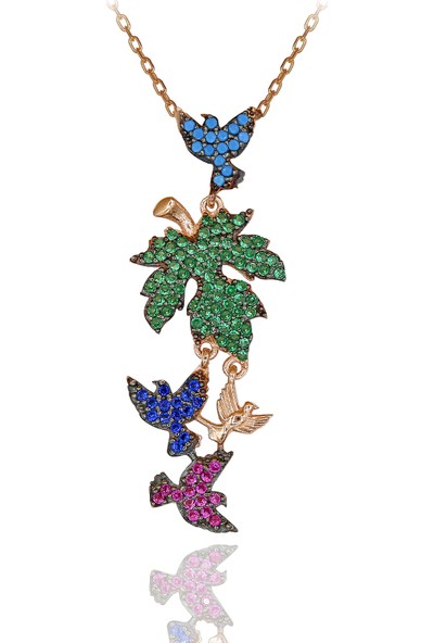 Takı Boom Renkli Taşlı Çınar Yaprağı Kuşlu Gümüş Kolye