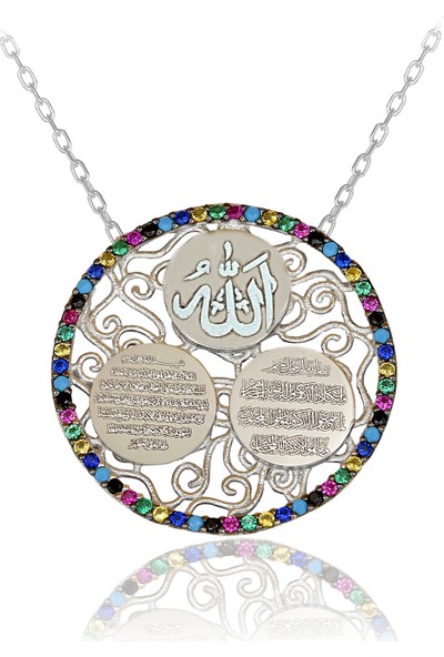 Takı Boom Ayetel Kürsi Nazar Duası Allah Yazılı 3 Dualı Yuvarlak Gümüş Kolye