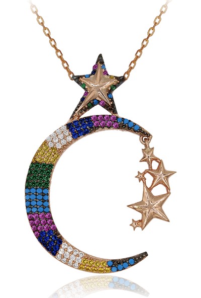 Takı Boom Renkli Taşlı Büyük Ay Yıldız Gümüş Kolye Takı Boom Renkli Taşlı Büyük Ay Yıldız Gümüş Kolye