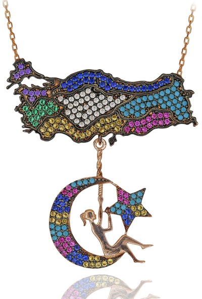 Takı Boom Ay Yıldızlı 7 Bölgeli Türkiye Haritası Altında Oturan Kız Gümüş Kolye Takı Boom Ay Yıldızlı 7 Bölgeli Türkiye Haritası Altında Oturan Kız Gümüş Kolye