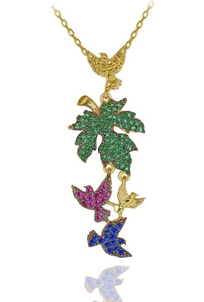 Takı Boom Renkli Taşlı Çınar Yaprağı Kuşlu Gümüş Kolye