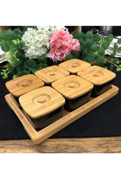 Bambum Lalin 13 Prç Bambu Standlı Kapaklı Porselen Kahvaltı Seti